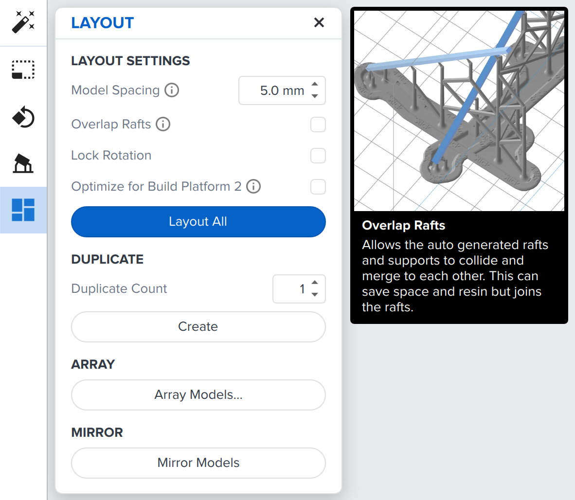 Automatic layout settings for SLA printing